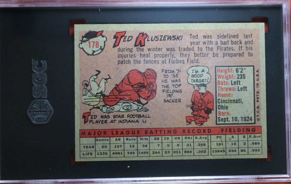 1958 Topps baseball card TED KLUSZEWSKI #178 SGC 7 NM (GREAT INVESTMENT ...