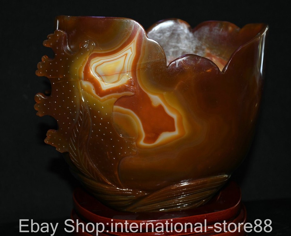8.4" Old Chinese Natural Agate Carve Feng Shui Fish Lotus Base Brush ...