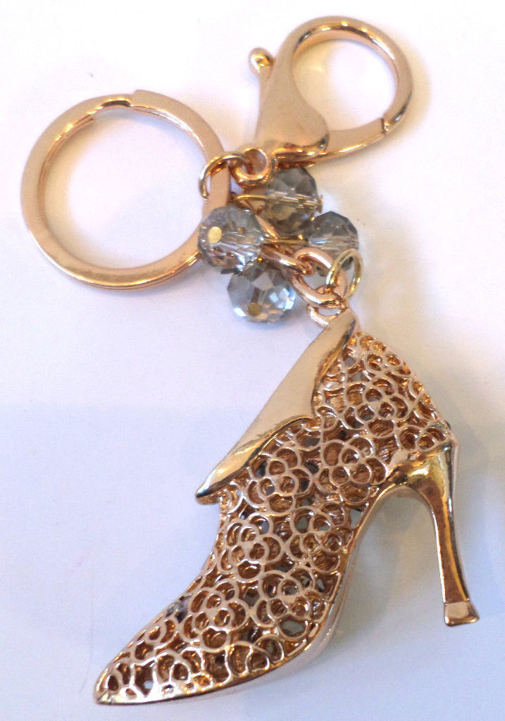 Rhinestone Bling Gold Tone Key Chain Purse Charm Fob Black High Heel ...