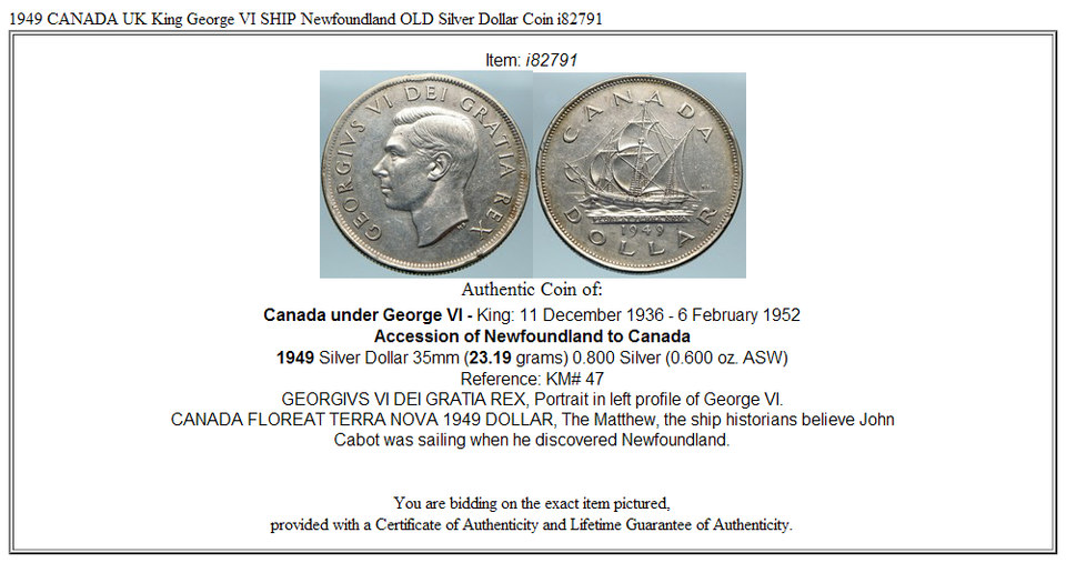 1949 CANADA UK King George VI SHIP Newfoundland OLD Silver Dollar Coin ...