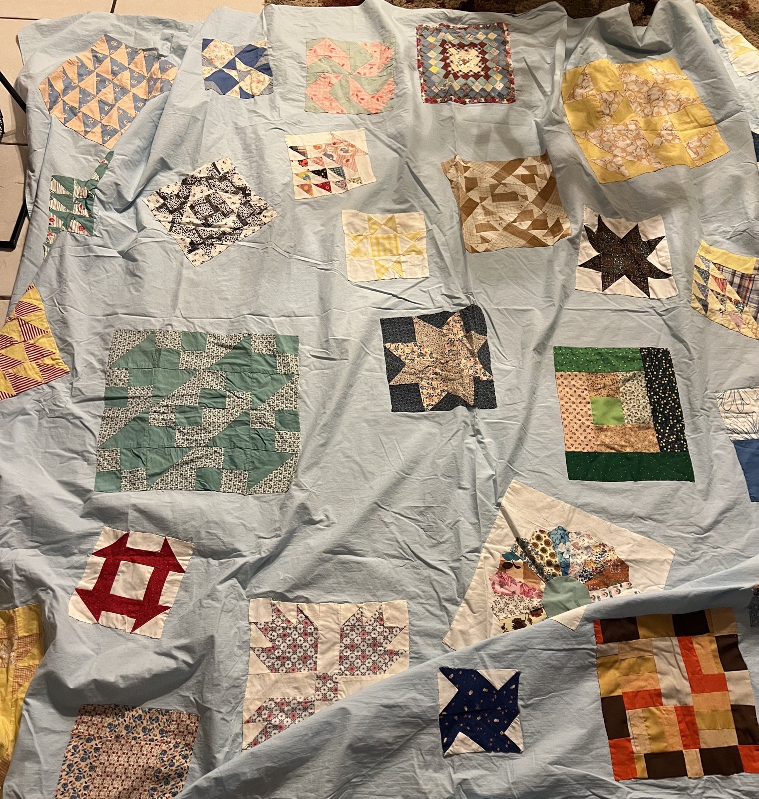 Hand Made Blue Multicolor Lightweight Patchwork unfinished quilt topper ...