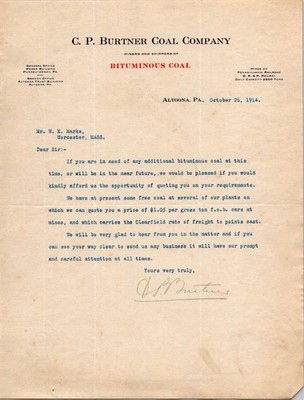 1914 C.P. Burtner Coal Company Letter Altoona PA Bituminous Coal ...