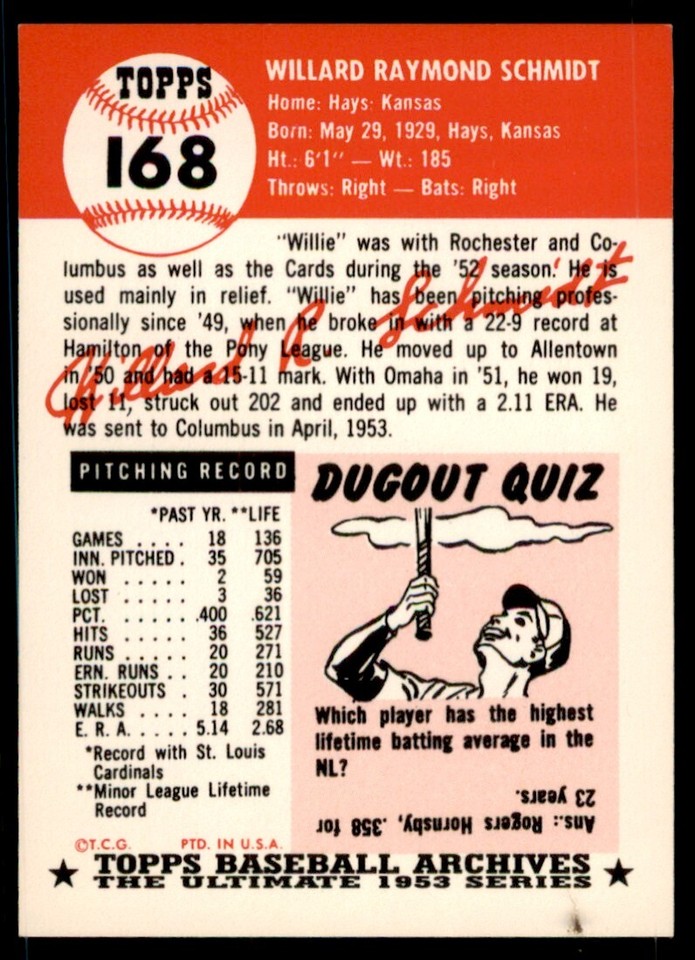 1991 TOPPS ARCHIVES 1953 WILLARD SCHMIDT ST. LOUIS CARDINALS #168 | eBay