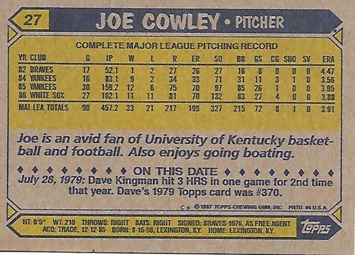 Joe Cowley 1987 Topps Baseball Card #27 Chicago White Sox NM | eBay