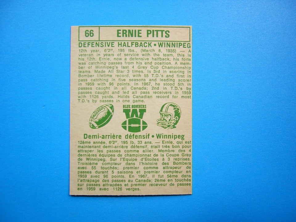 1968 O-PEE-CHEE CFL FOOTBALL CARD CARD #66 ERNIE PITTS EX/NM NM SHARP ...
