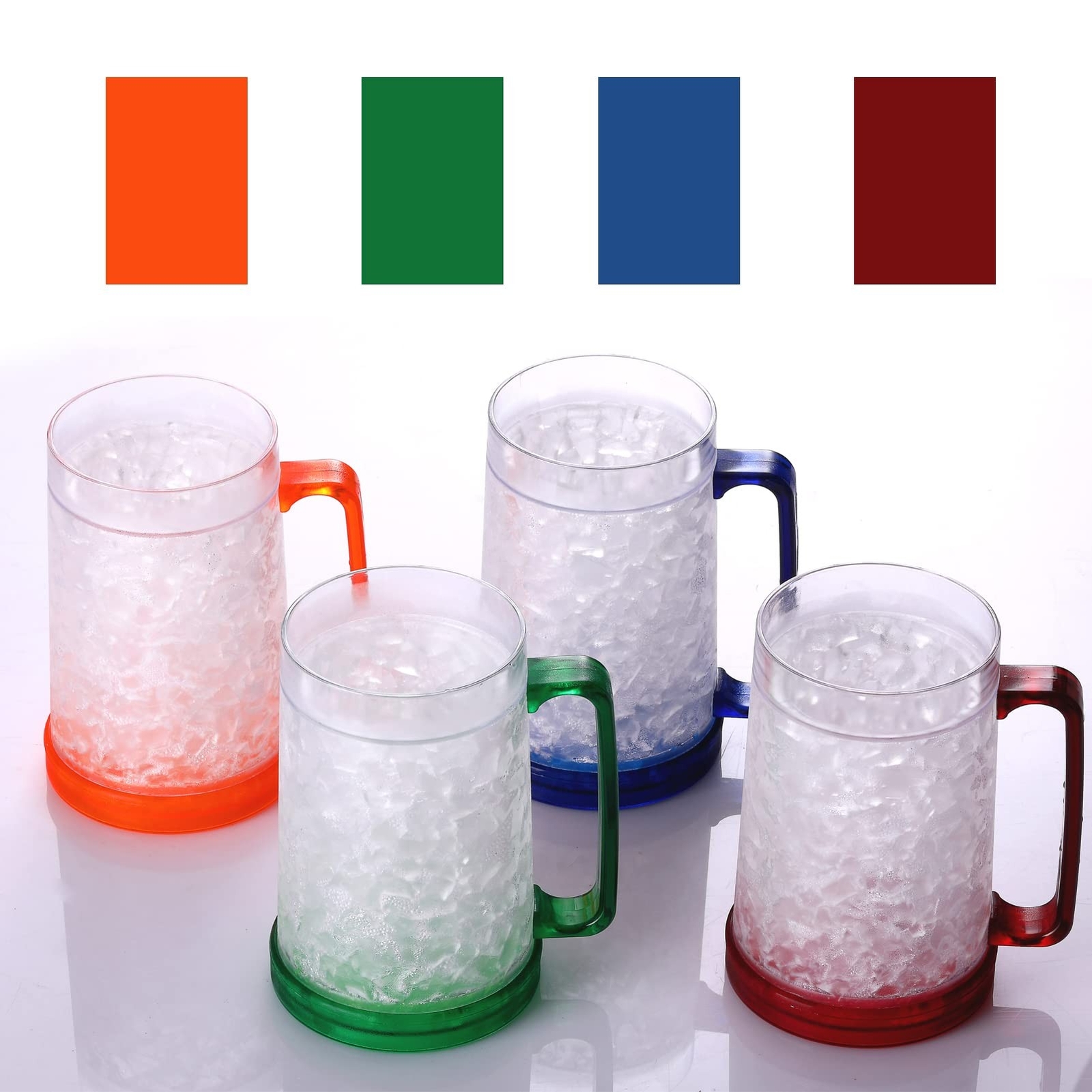 Double Wall Gel Frosty Freezer Ice Mugs Clear 16oz Set of 4 (Blue, Red ...