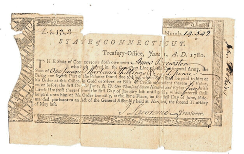 REVOLUTIONARY WAR CONNECTICUT PAY NOTE FOR SERVICE IN CONTINENTAL ARMY ...