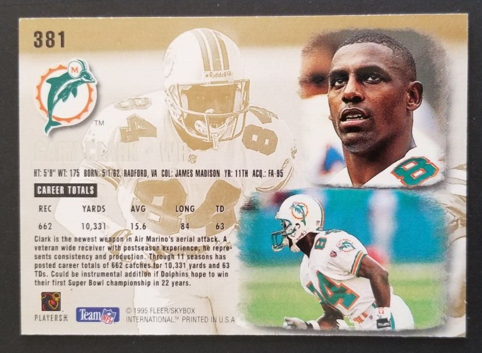 Gary Clark Wide Receiver Miami Dolphins Fleer Ultra 1995 Card #381 | eBay