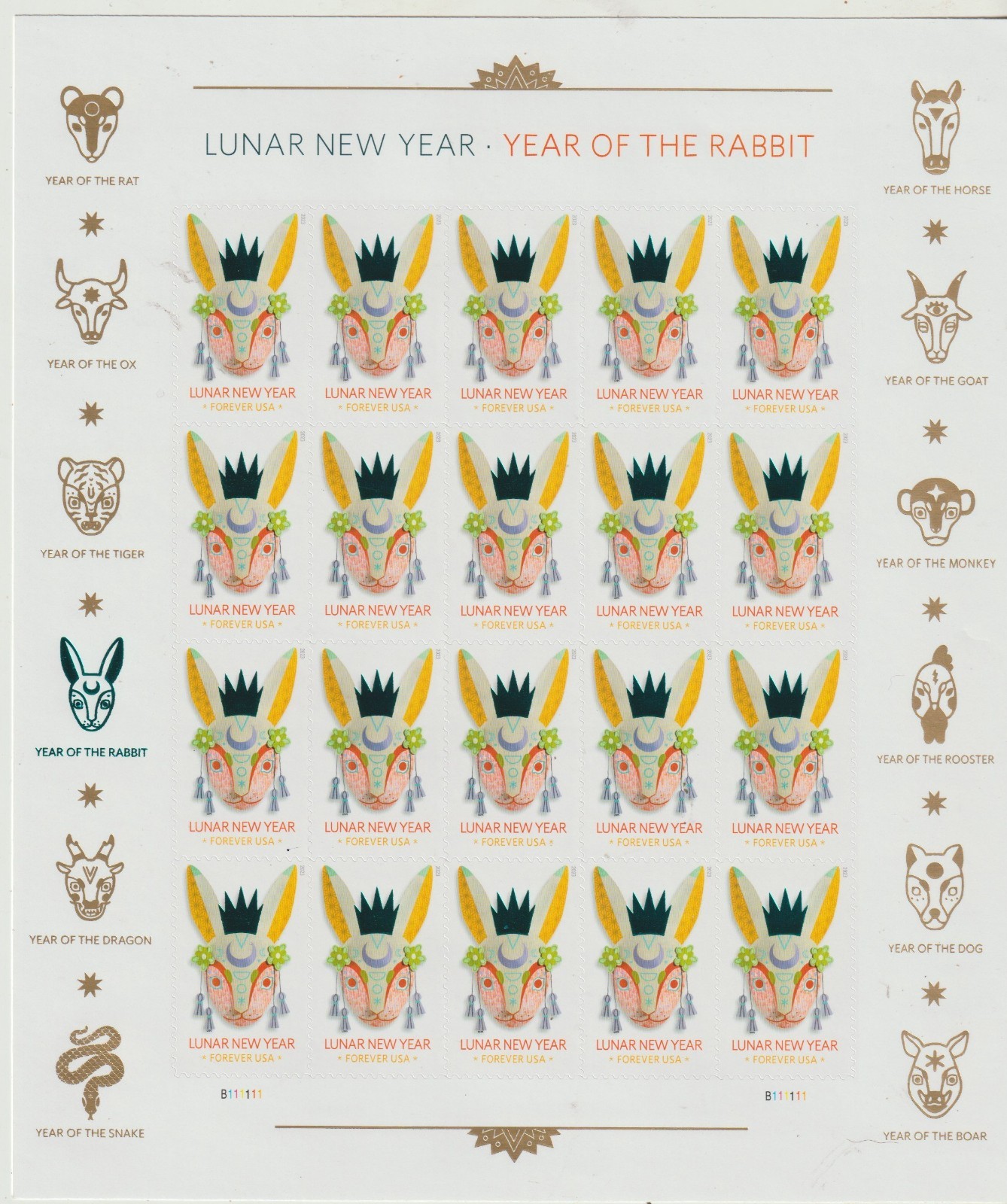 USPS SHEET OF 20 LUNAR NEW YEAR OF THE RABBIT STAMPS Sent from OKC, OK ...