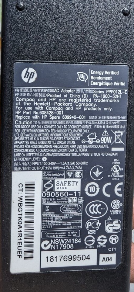 90W HP AC DC Adapter 19V 4.74A Model PPP012L-E P/N 608428-001 w/Cord ...