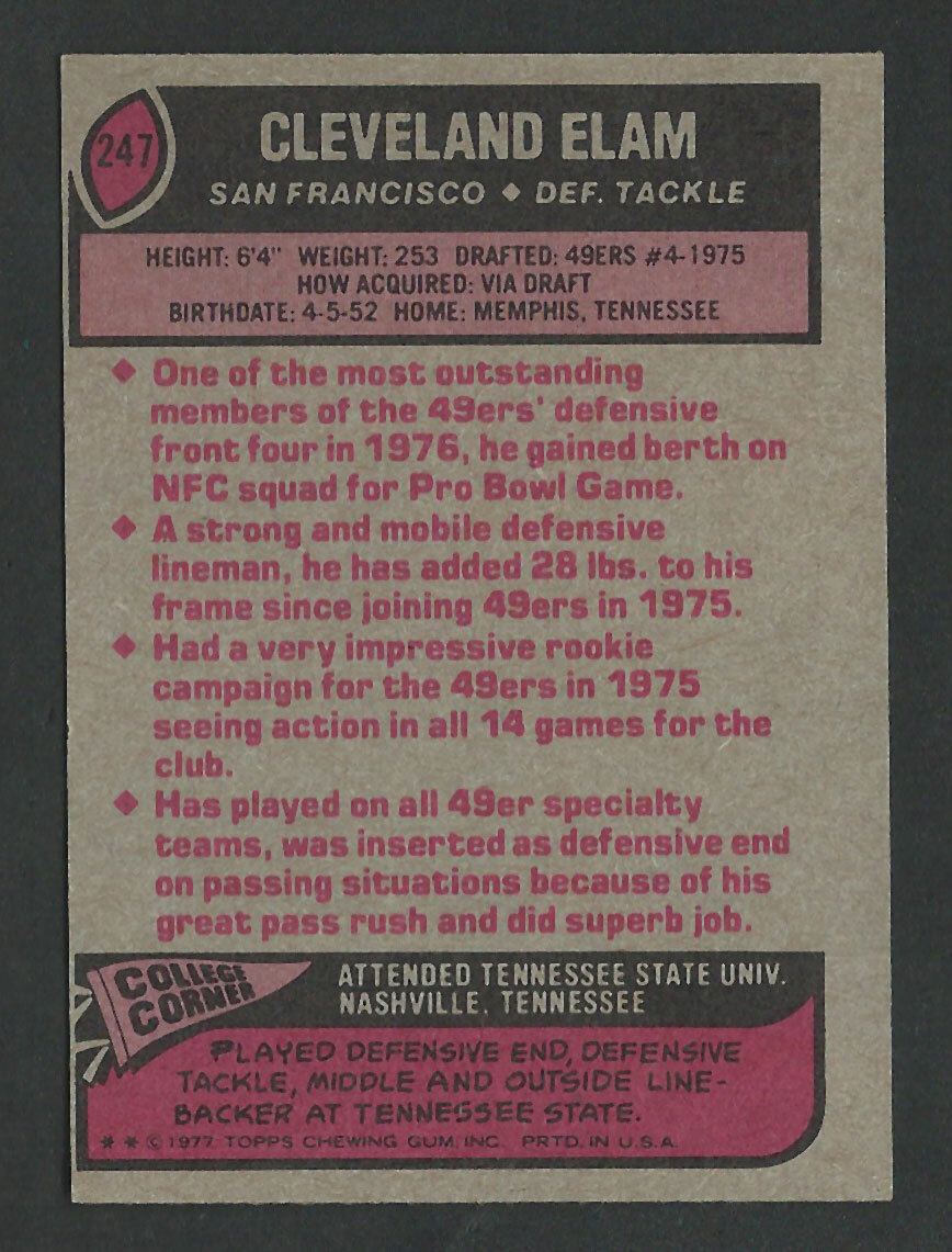 1977 TOPPS #247 CLEVELAND ELAM San Francisco 49ers ROOKIE CARD - 05 | eBay