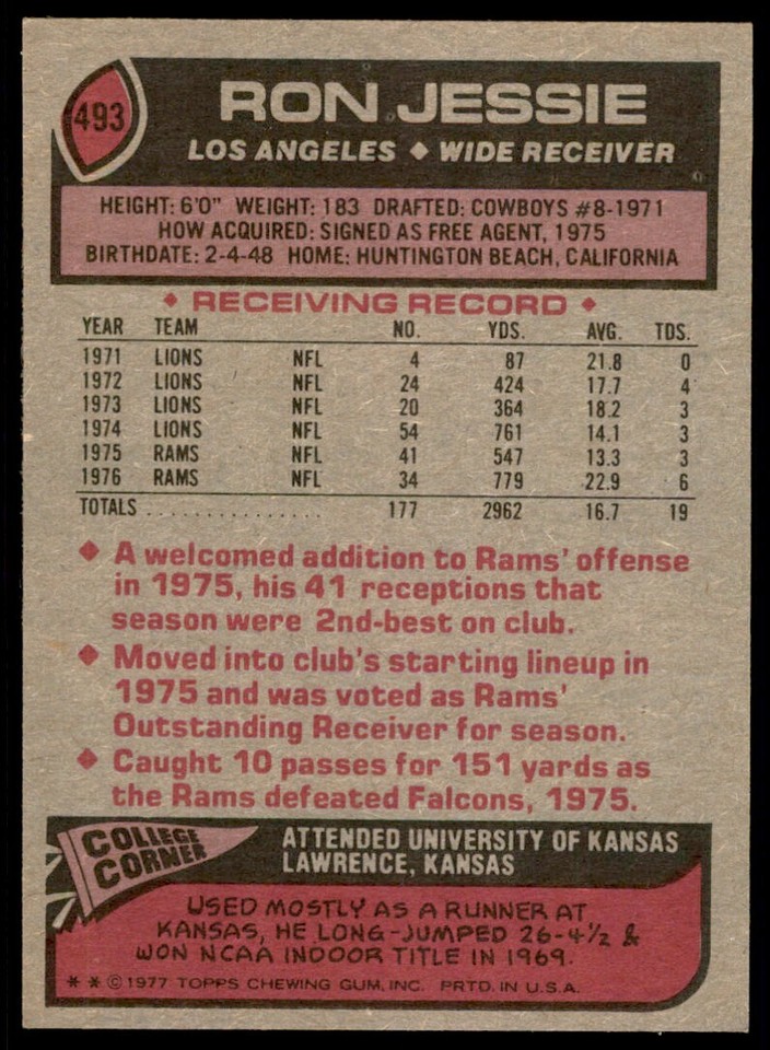 1977 Topps Ron Jessie Football Card Los Angeles Rams #493 | eBay