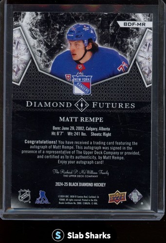 2024 UPPER DECK BLACK DIAMOND MATT REMPE DIAMOND FUTURES ROOKIE AUTO RC ...
