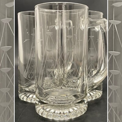 Princess House 412C Etched Clipper Ship Crystal Beer Mugs 3pc Set 1998 ...