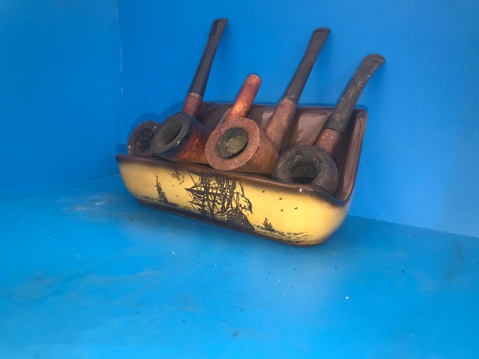 VINTAGE ANTIQUE NAUTICAL SCRIMSHAW SMOKING PIPE RACK AND PIPES SPARE OR ...