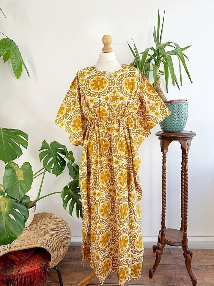 Indian Yellow Suzani Kaftan Dress Women's Beach Night Robes One Size ...