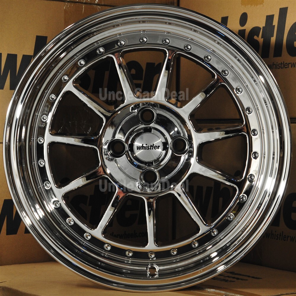 16x9 4x100 15 OFFSET WHISTLER SK11 PVD CHROME RIVET w/LIP 11 SPOKES 4 ...