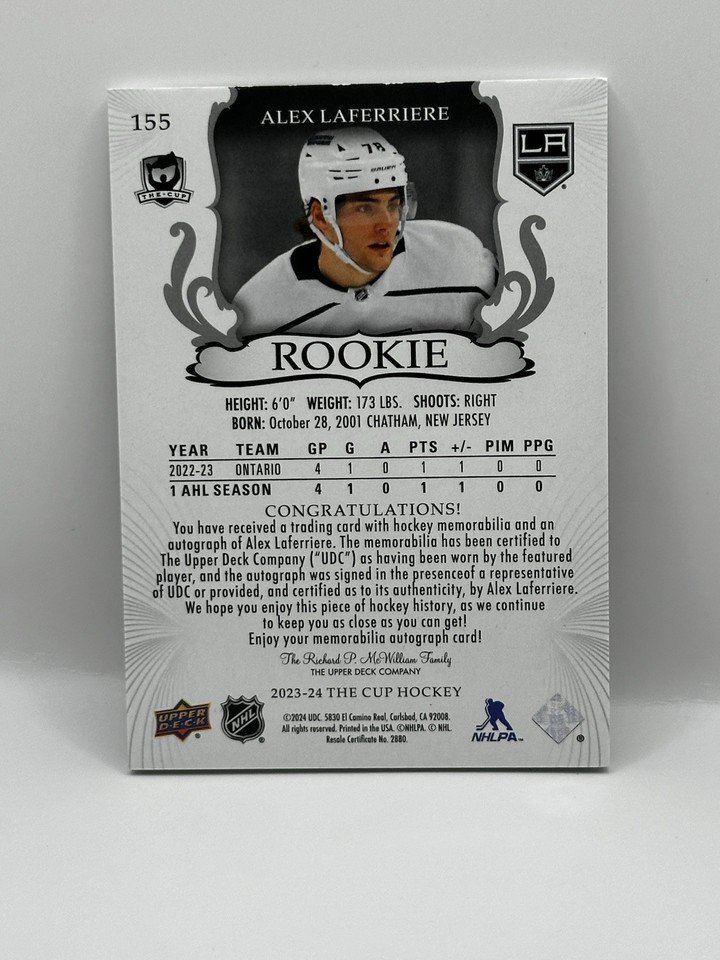 2023-24 UPPER DECK THE CUP ALEX LAFERRIERE ROOKIE AUTO PATCH 24/24 ...