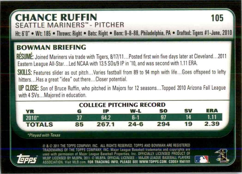 2011 Bowman Draft Chance Ruffin RC #105 Seattle Mariners | eBay