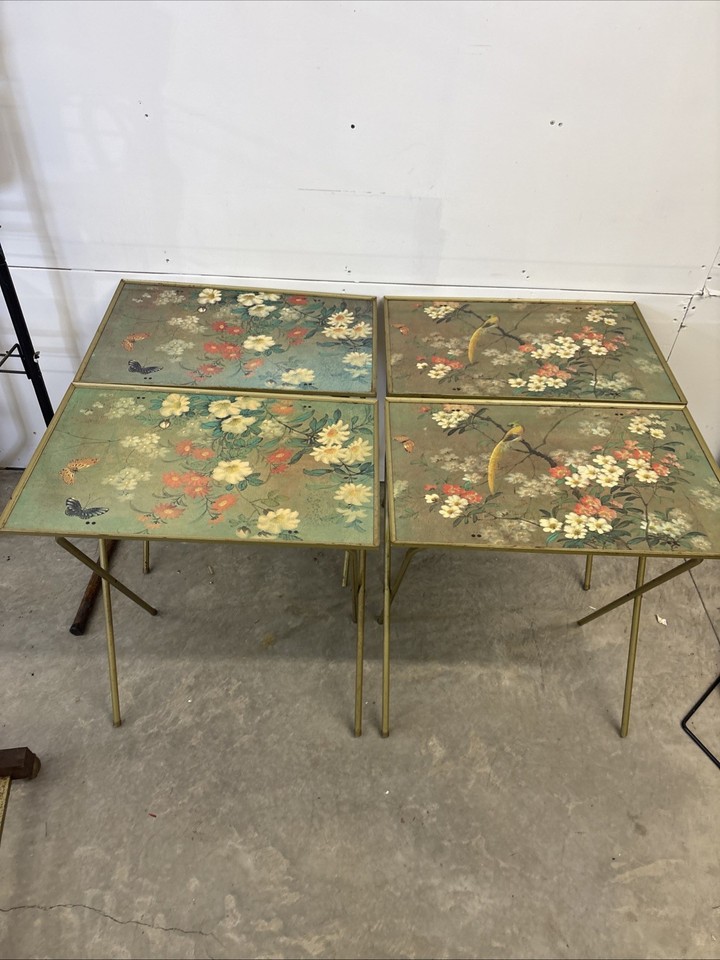 Folding TV Trays And Cart Retro Mid Century W/ Stand Set of 4 Rolling ...