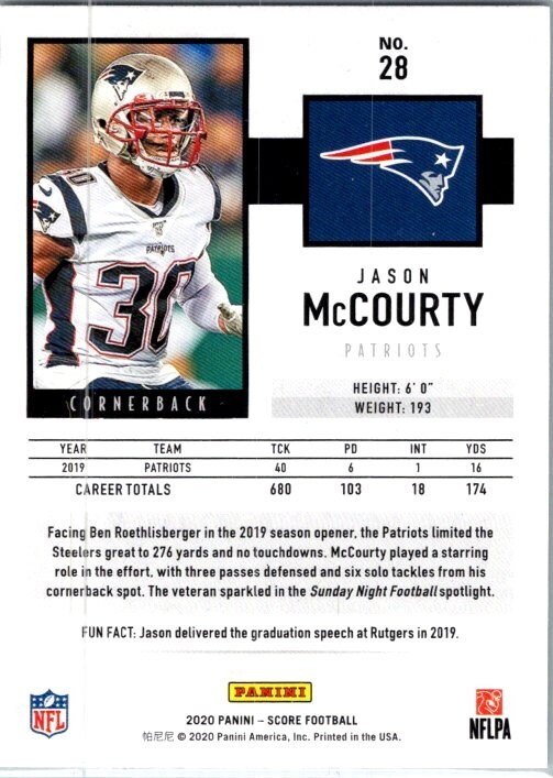 2020 -Jason McCourty- Panini Score Autograph/Signed/Auto Football Card ...