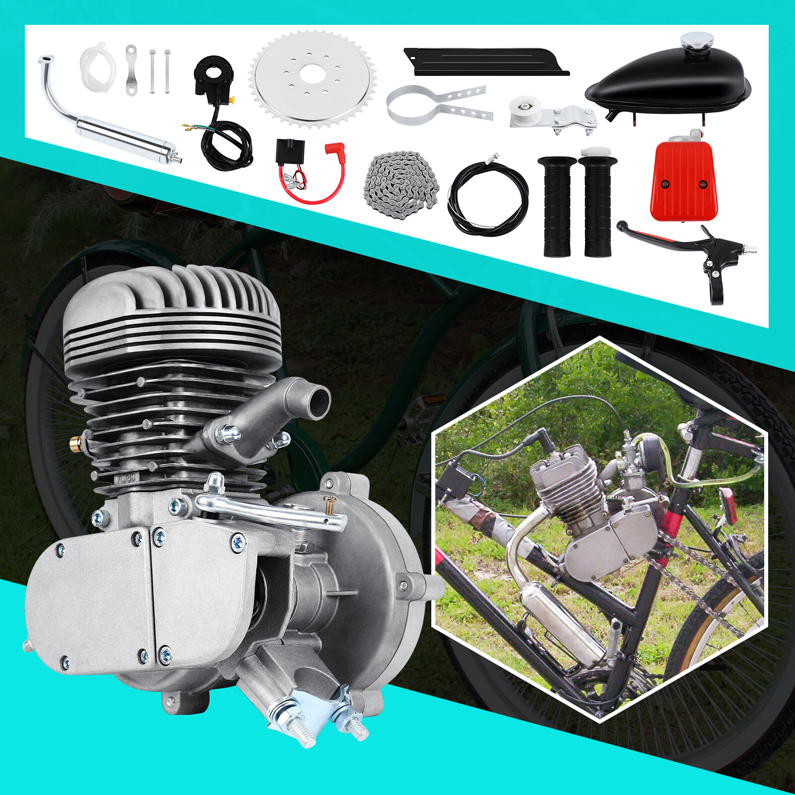 Full Set 100CC Bicycle Motorized 2 Stroke Gas Petrol Bike Engine Motor ...