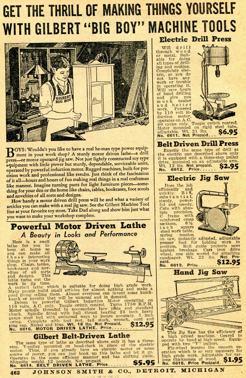 1938 small Print Ad of Gilbert Big Boy Machine Tools Drill Press, Jig ...
