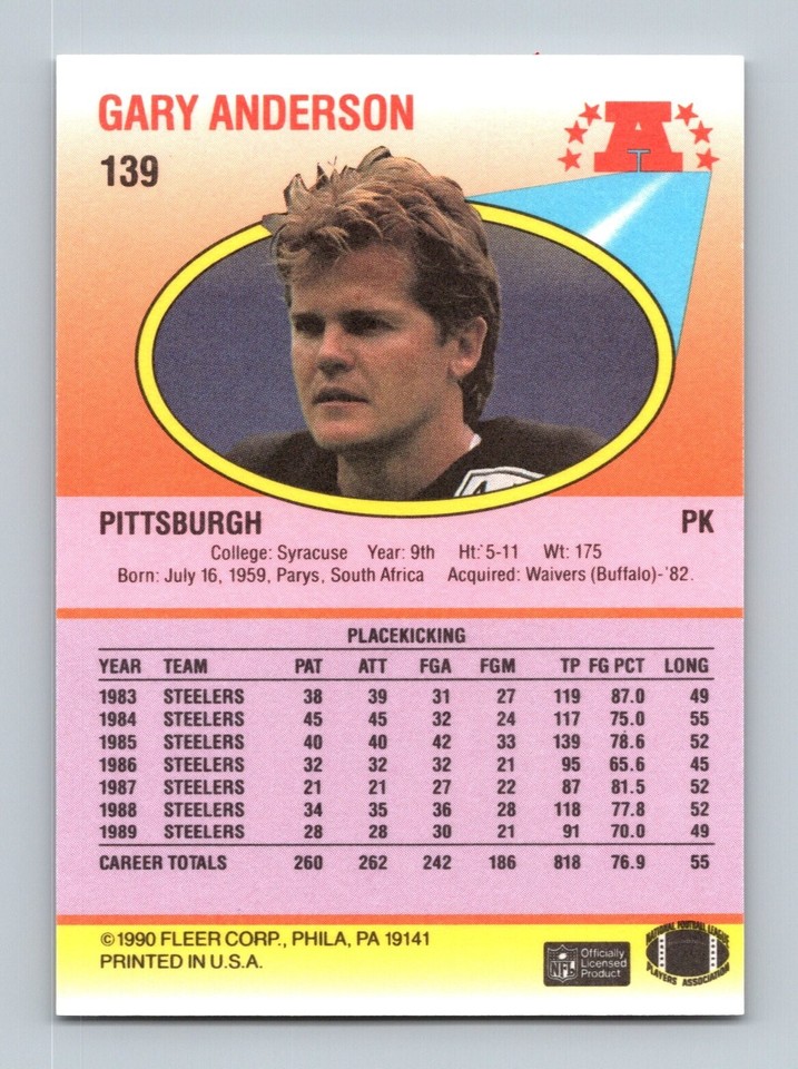 1990 Fleer Football Card #139 Gary Anderson Pittsburgh Steelers Kicker ...