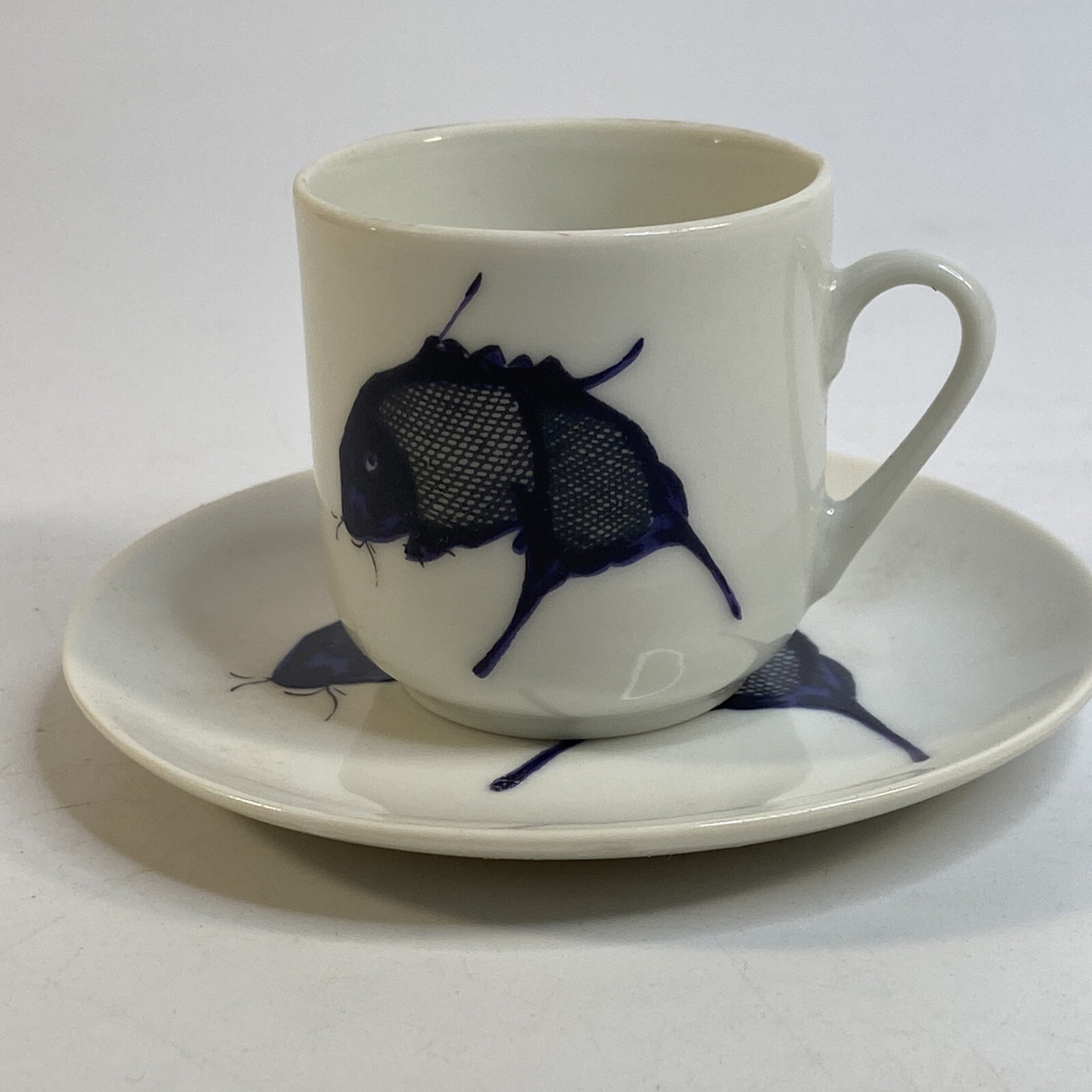 Fine China Porcelain Koi Tea Cup Saucer Whte Blue Fish Demitasse ...