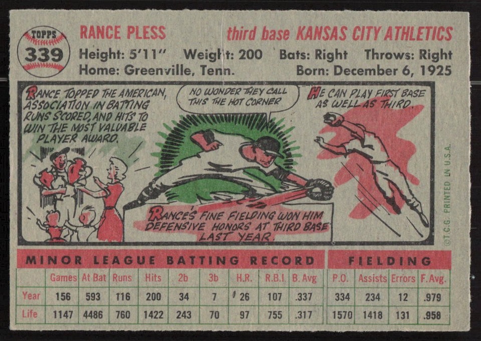 1956 Topps #339 Rance Pless Kansas City Athletics ROOKIE NR-MINT SET ...