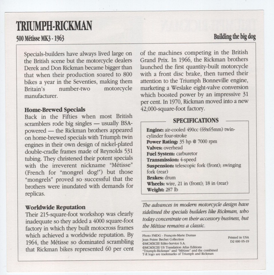 1963 Triumph-Rickman 500 Metisse MK3 Motorcycle Photo Spec Info Card | eBay