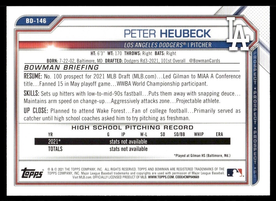 2021 Bowman Draft Peter Heubeck G421 Los Angeles Dodgers #BD-146 | eBay