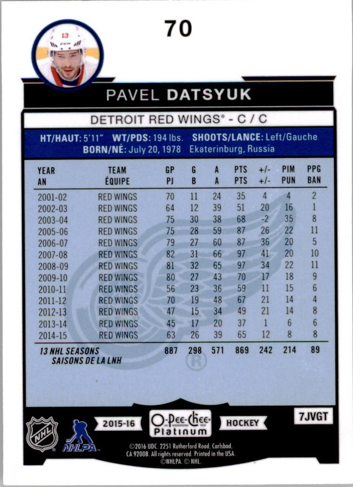 2015-16 O-Pee-Chee Platinum Red Wings Hockey Card #70 Pavel Datsyuk | eBay
