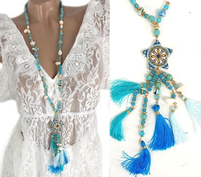 Perlenkette Ibiza Boho Hippie Quaste Kette lang ETHNO STERN Muschel ...
