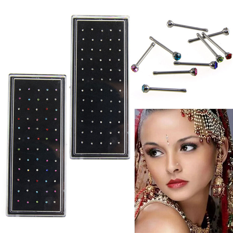60x Crystal Rhinestone Stainless Steel Nose Ring Body Piercing Bone ...