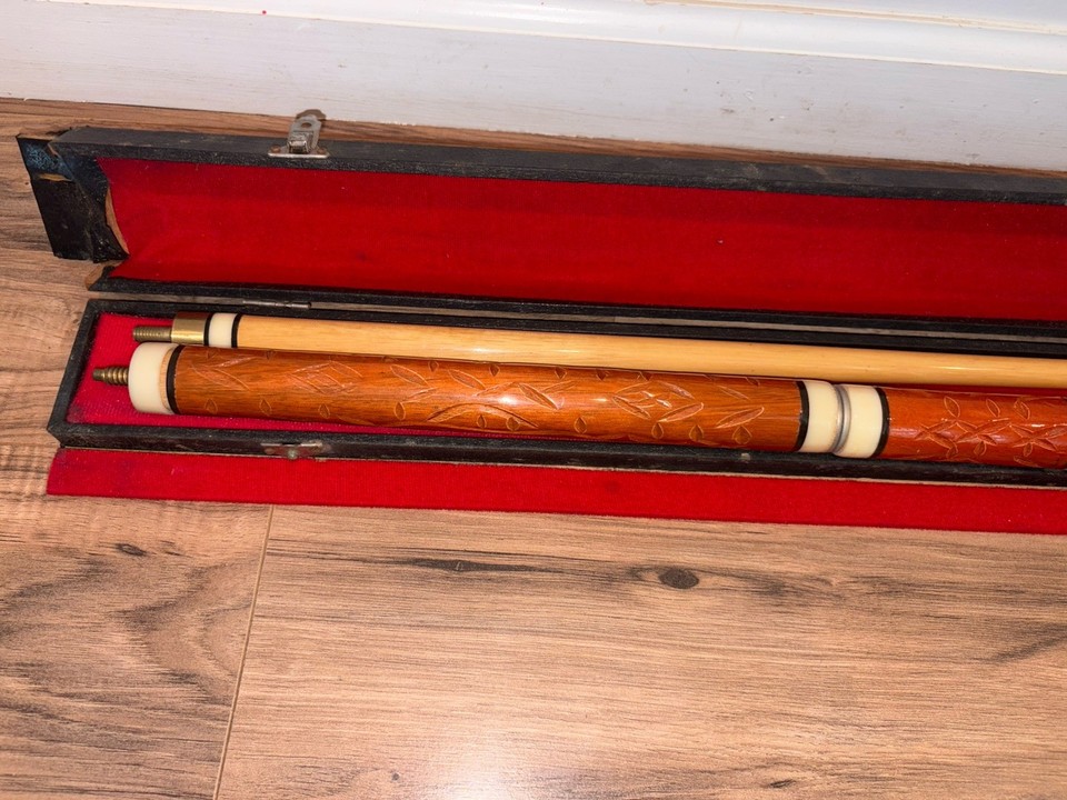 Vintage 2 Piece Carved Wood Pool Cue Stick w/ Case Brass Joint Red ...