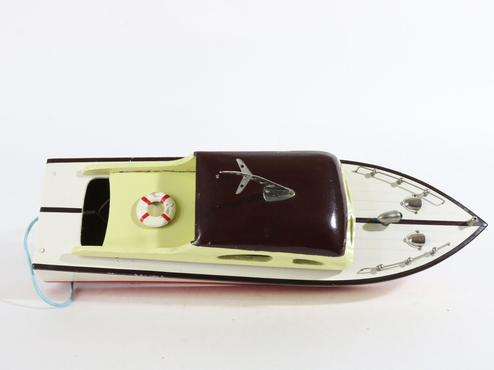 Vintage White Yellow Red Remote Controlled Battery Cabin Cruiser Wooden ...