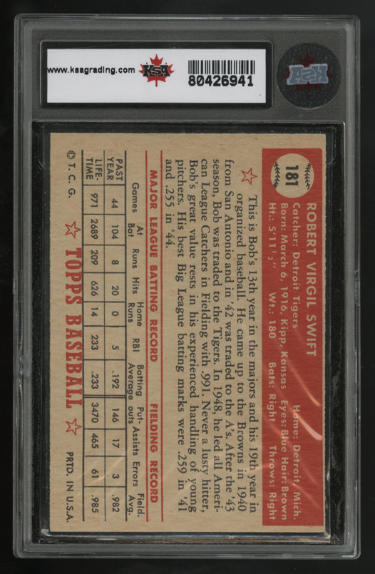 1952 TOPPS BASEBALL ~ #181 ~ BOB SWIFT ~ DETROIT TIGERS ~ KSA 8 | eBay