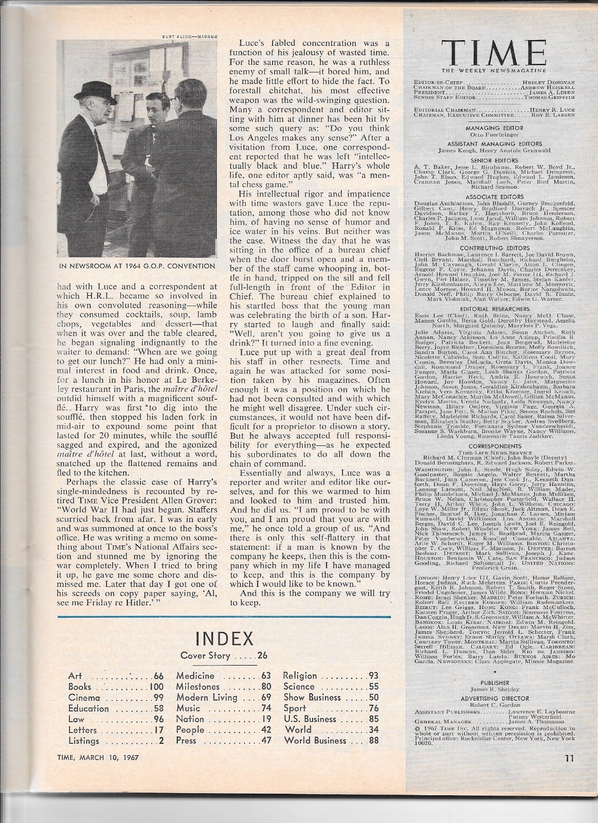 Time Magazine March 10, 1967. Henry R. Luce, End of Pilgrimage, Organ ...