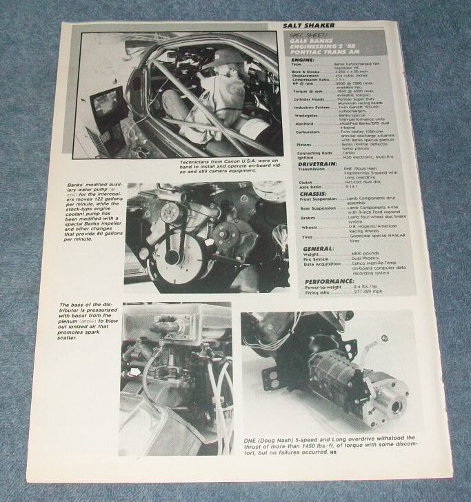 Gale Banks Twin Turbo 1988 Pontiac Trans Am Bonneville Article "Salt ...