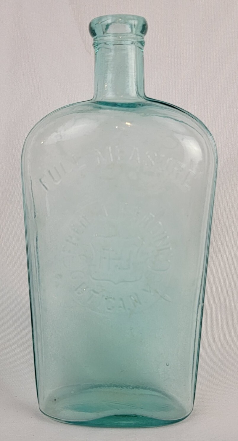 Aqua Fred J Harding Utica NY Strap Side Slug Plate Whiskey Flask ...