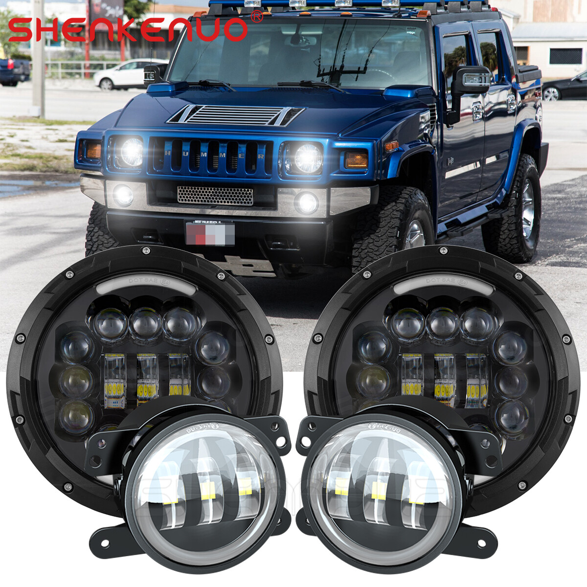 For Hummer H2 H3T 05-10 7" INCH Halo LED Headlight DRL&4" Fog Lights ...