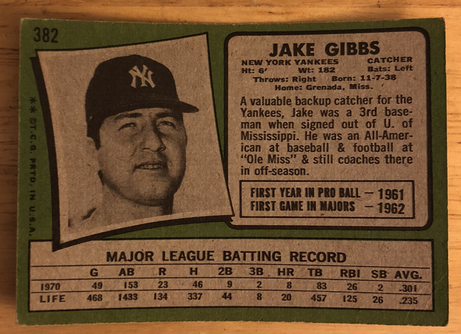 1971 Topps Jake Gibbs Baseball Card #382 Yankees Catcher Low-Grade | eBay