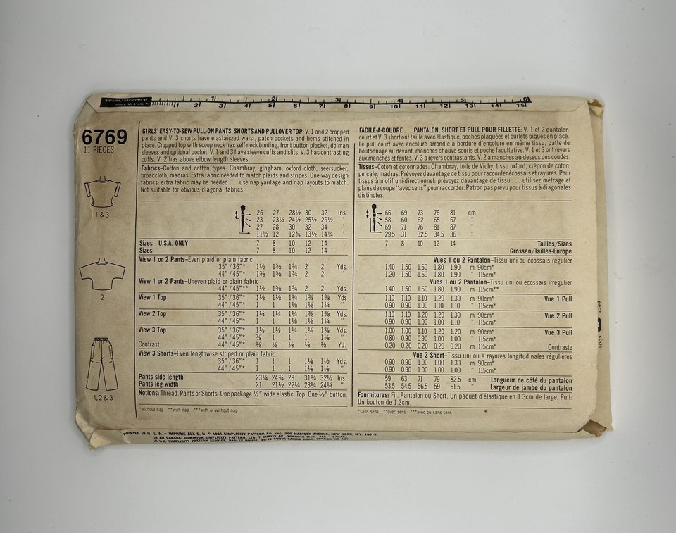 Simplicity 1984 Sewing Pattern #6769 Girls 80’s Pants Shorts Top Shirt ...
