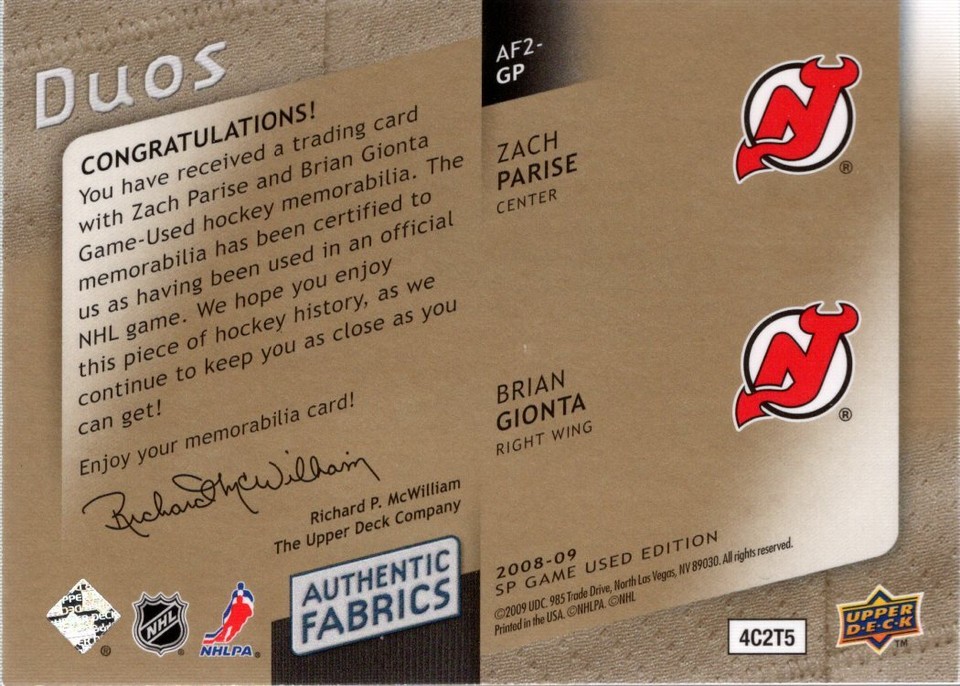 2008-09 SP Game Used Duo Patches #AF2GP Brian Gionta Zach Parise Jersey ...