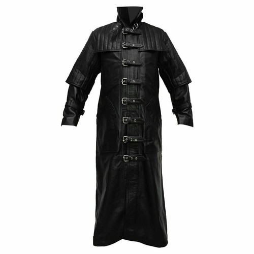 Mens Pure Black Leather Steampunk Trench Coat Duster Matrix Hugh ...