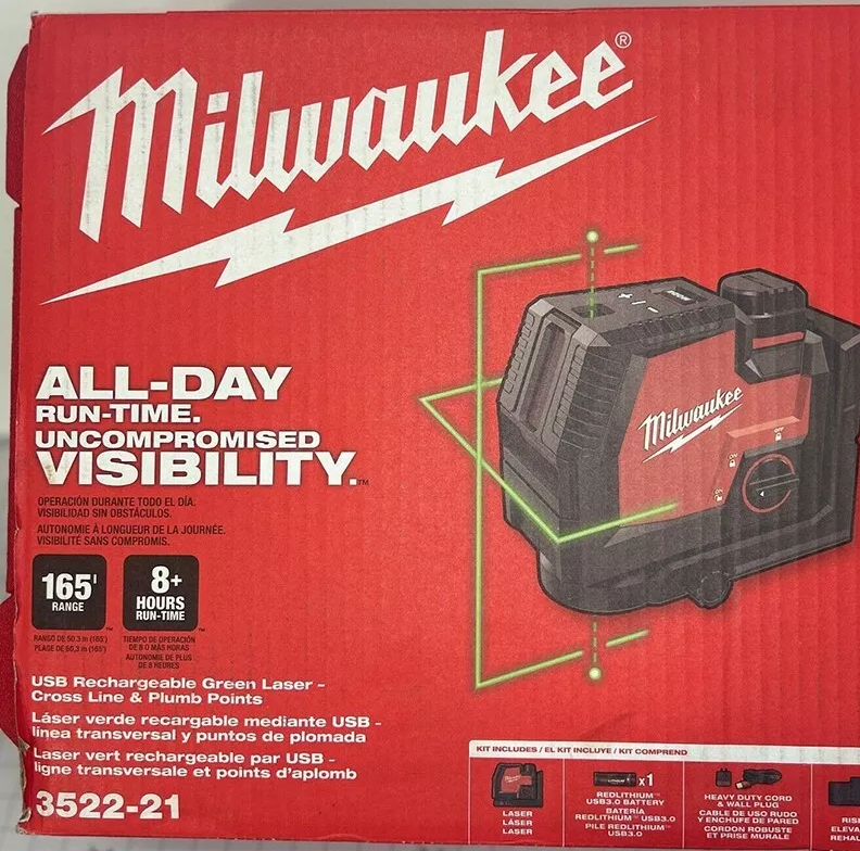 Milwaukee 3522-21 USB Rechargeable Green Cross Line & Plumb Points ...