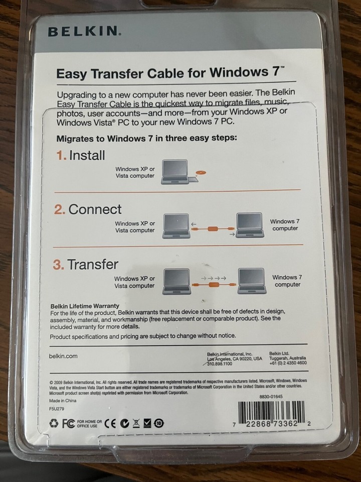 Belkin 8830-01645 Easy Transfer 8 Foot USB Cable for Windows 7 *New ...