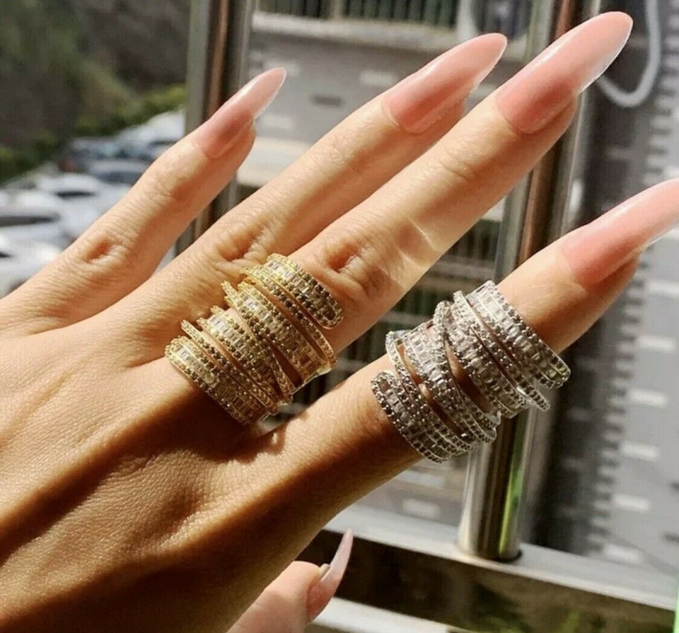 18k White Gold Plated Big Long Bold Ring made w Swarovski Crystal Stone ...