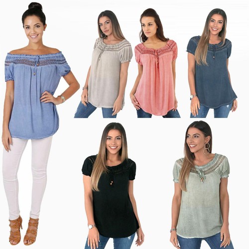 Womens Off Shoulder Blouse Gypsy Boho Cotton T Shirt Top Tunic Summer ...